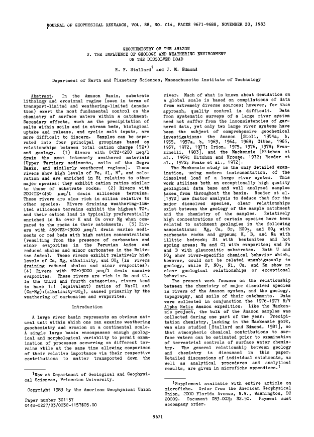 Geochemistry of the Amazon 2. The influence of geology and weathering ...